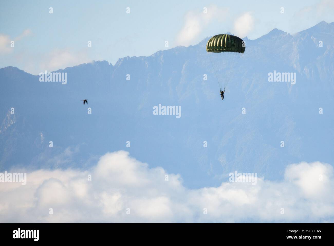 A member of a Malaysian Armed Forces airborne unit parachute onto a ...