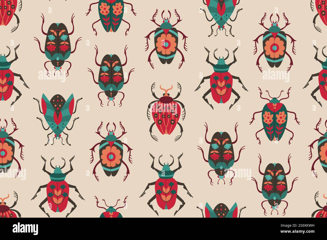 Beetles seamless pattern whimsical folk art insects. Different fantasy ...