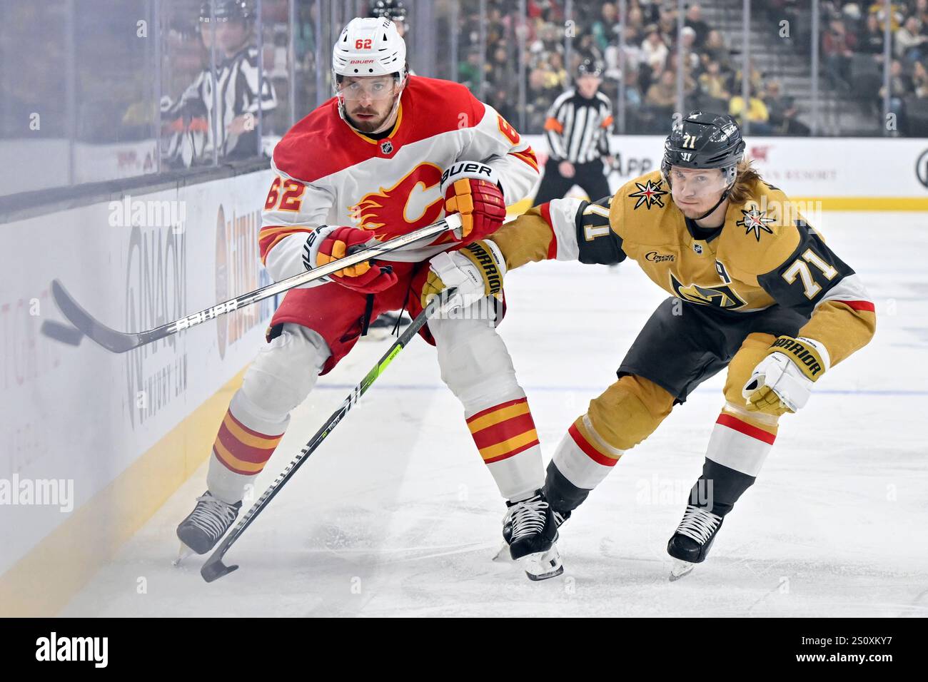Calgary Flames defenseman Daniil Miromanov (62) and Vegas Golden ...