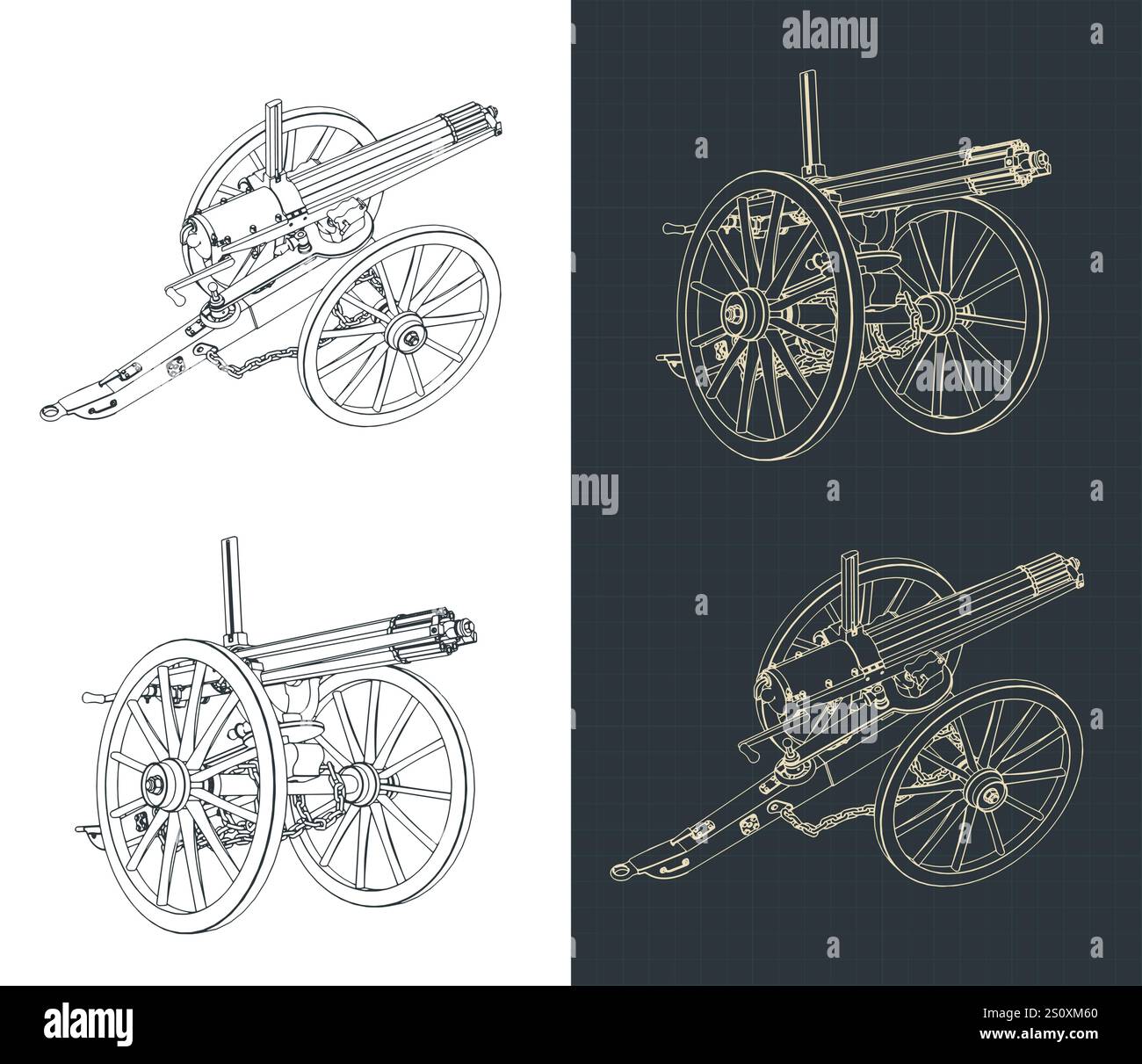Stylized vector illustrations of a gatling gun drawings Stock Vector ...