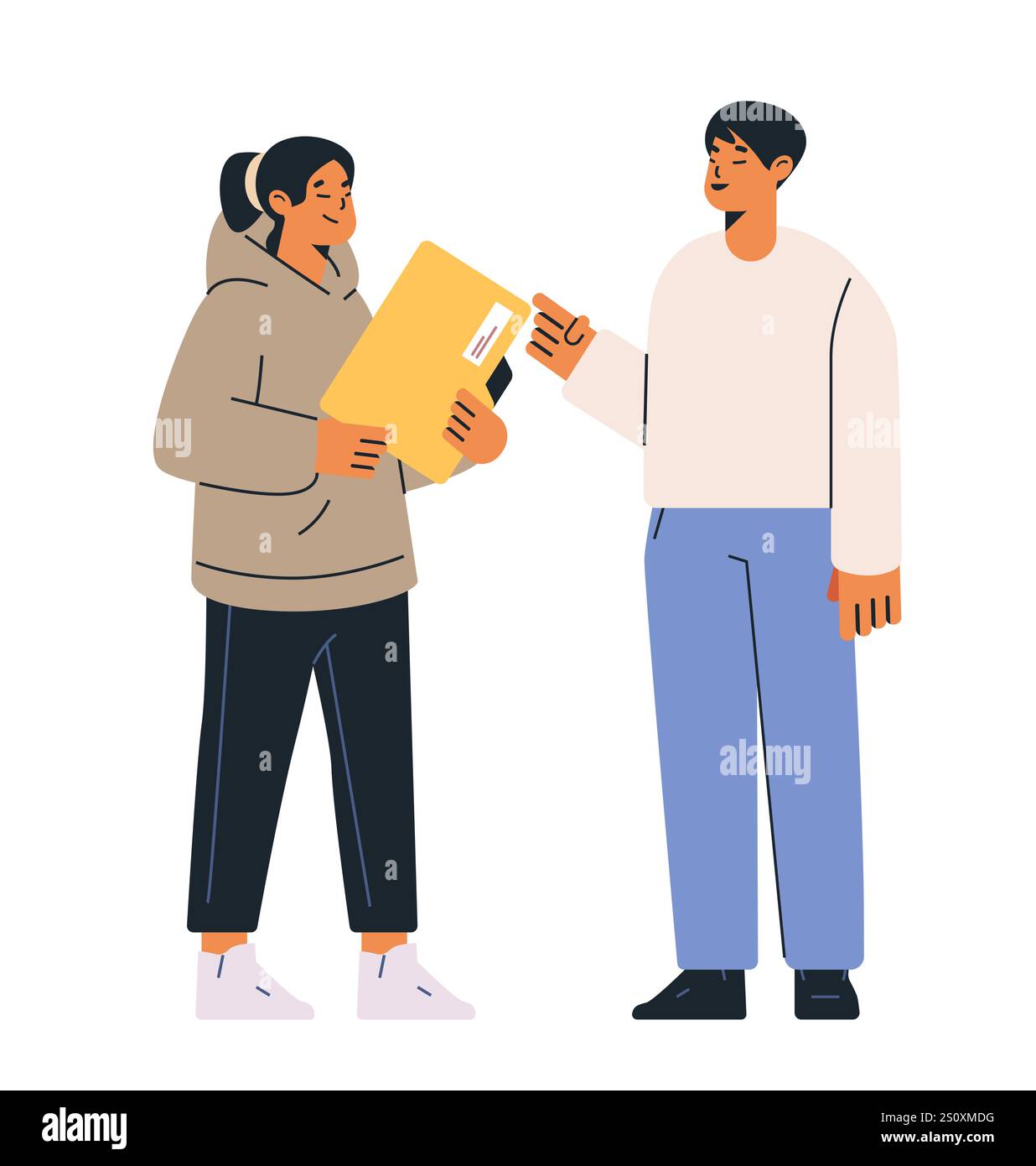 Two people exchanging documents communication business interaction ...