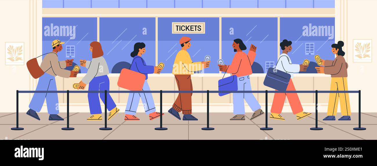 People buying cinema tickets queue flat colorful illustration. Diverse ...