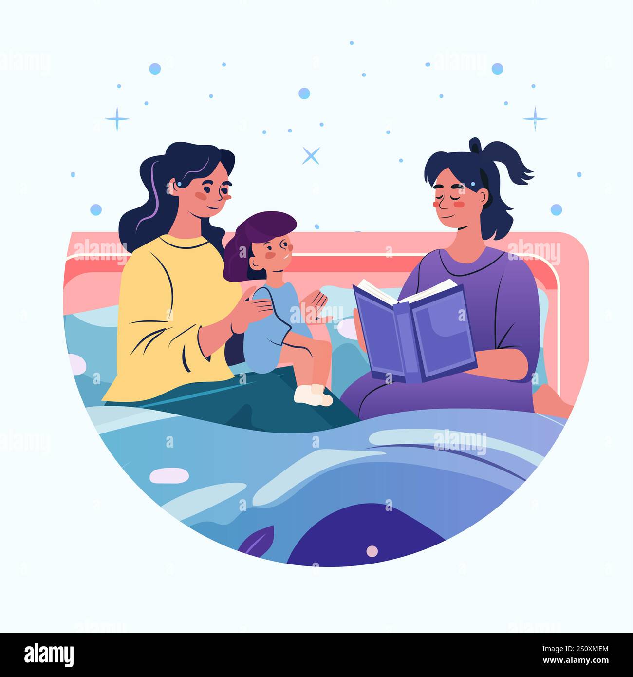 Family bedtime story reading scene cozy bedroom mother child book stars ...