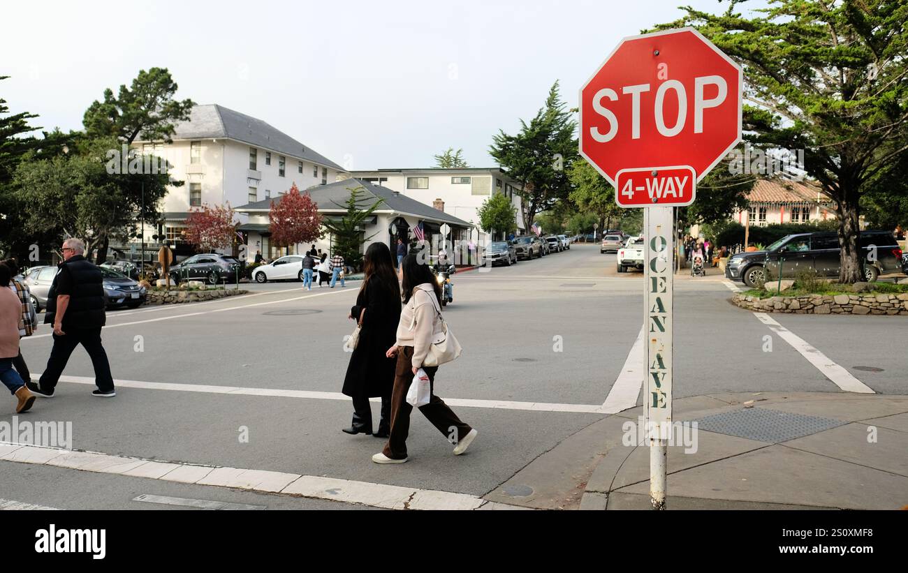 Pedestrians in downtown Carmel-by-the-Sea, California crossing the ...