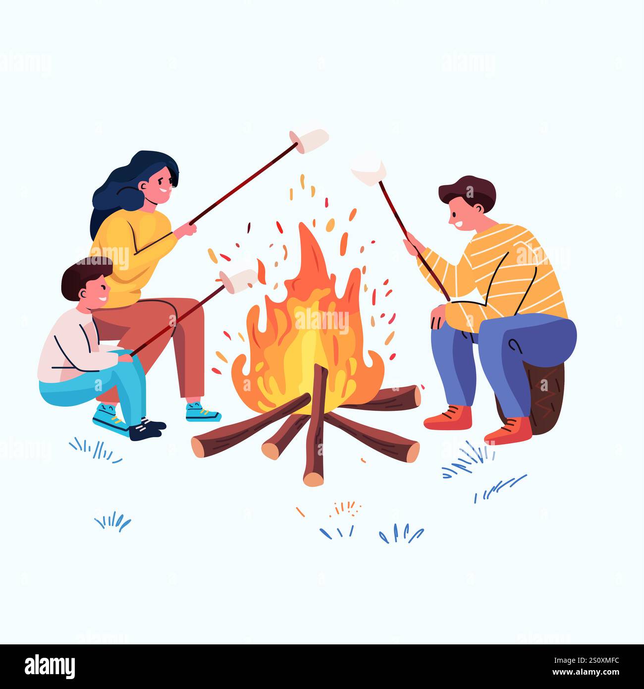 Family camping roasting marshmallows around campfire outdoor activity ...