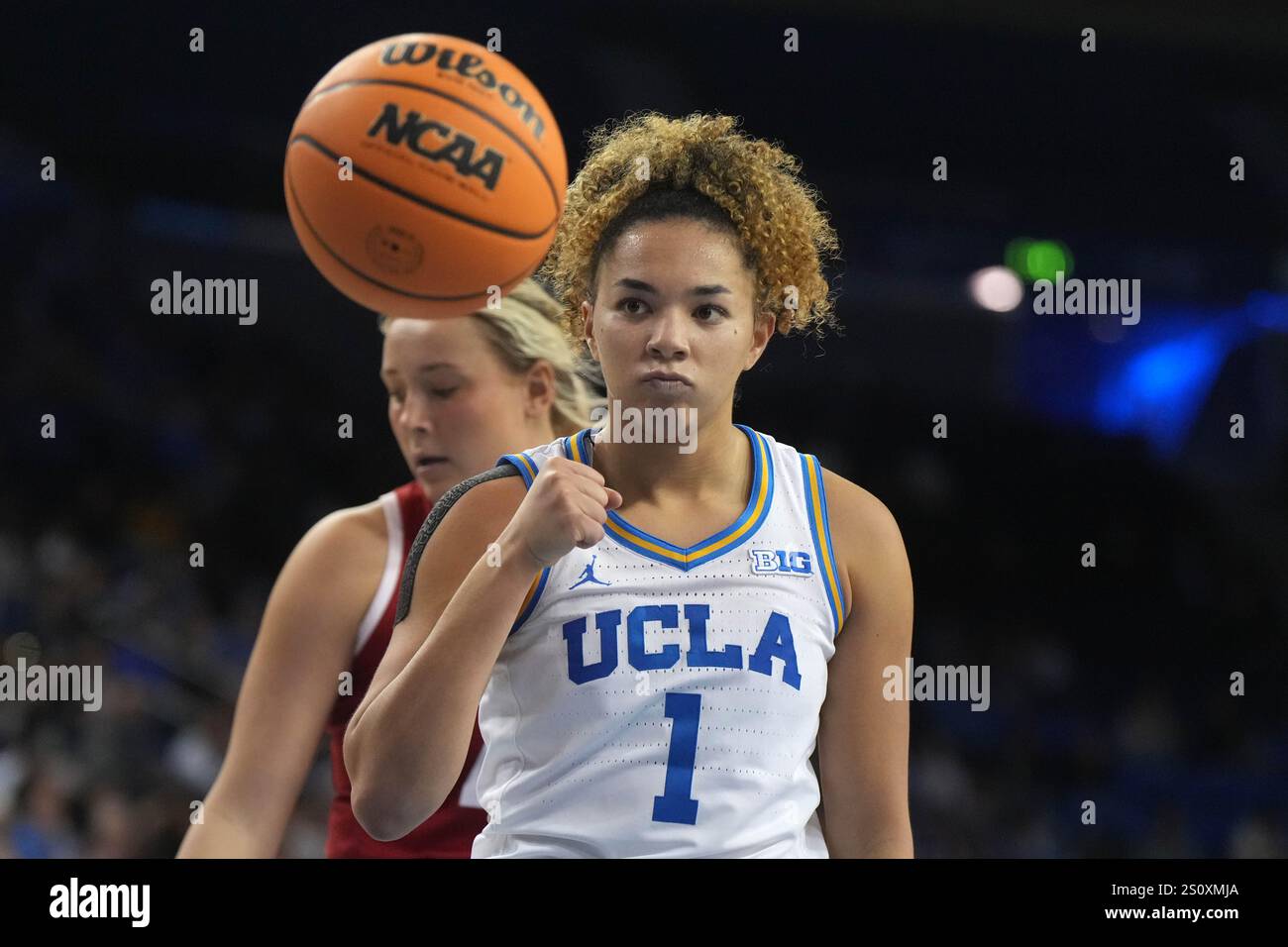 UCLA Bruins guard Kiki Rice (1) reacts against the Nebraska Cornhuskers ...