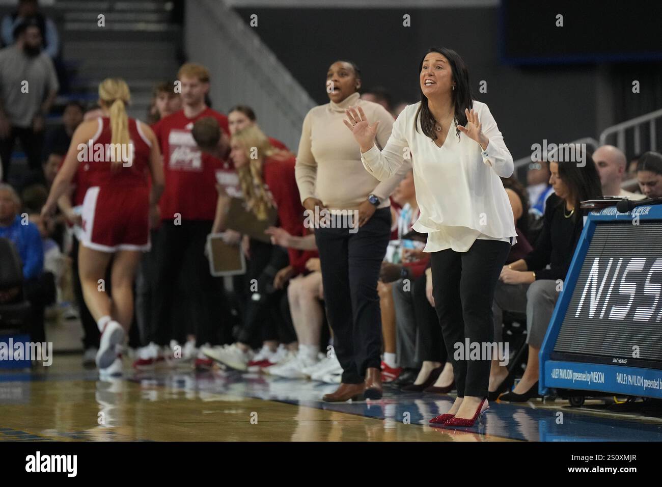Nebraska Cornhuskers head coach Amy Williams reacts in the first half against the UCLA Bruins ...
