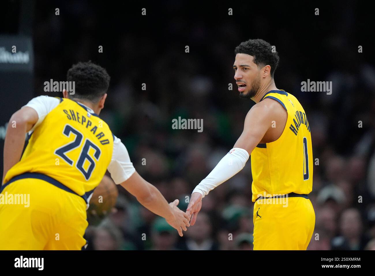 Indiana Pacers guard Ben Sheppard (26) celebrates with guard Tyrese ...