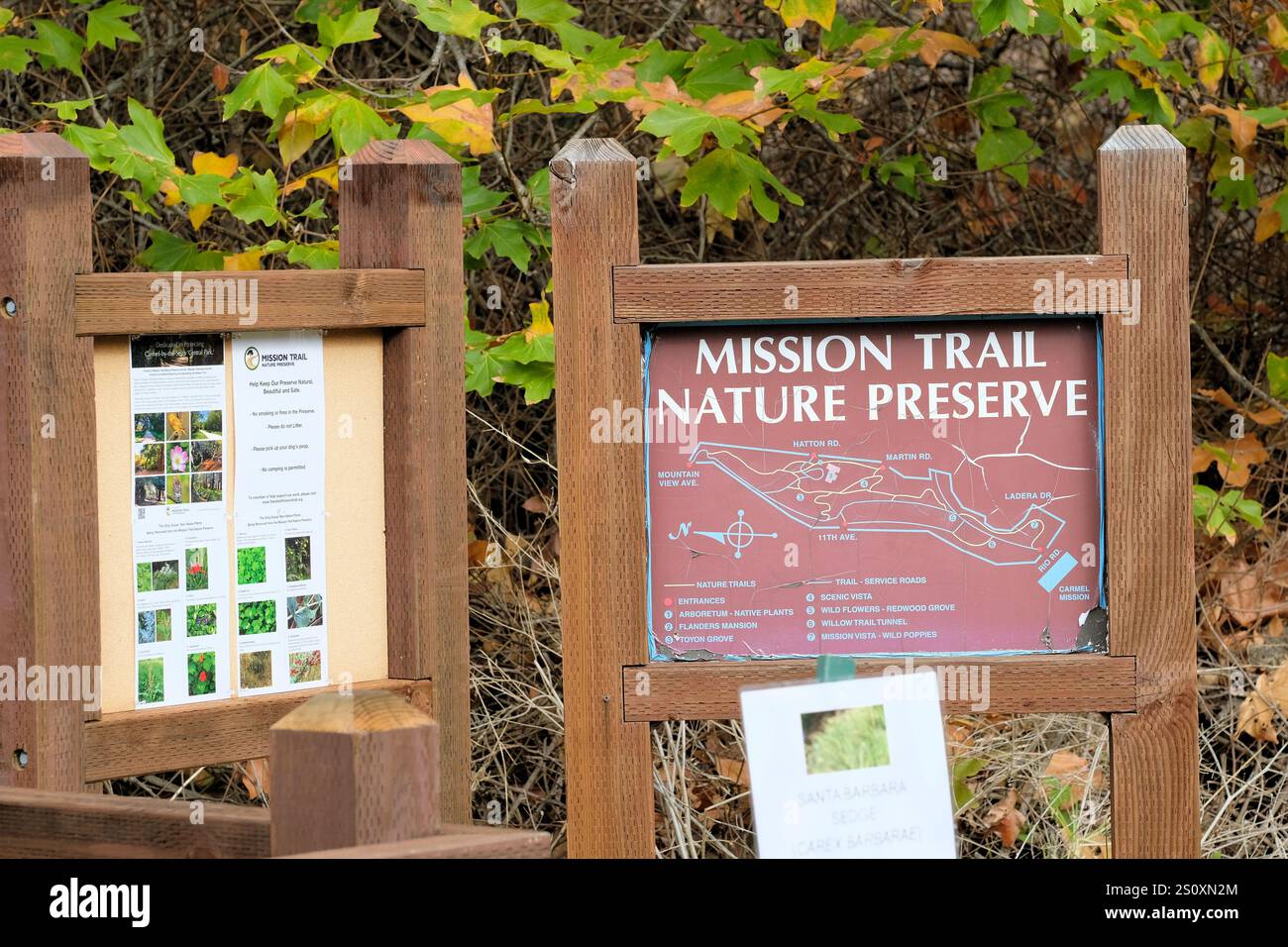 Sign with map at The Mission Trail Nature Preserve, a nature park with ...