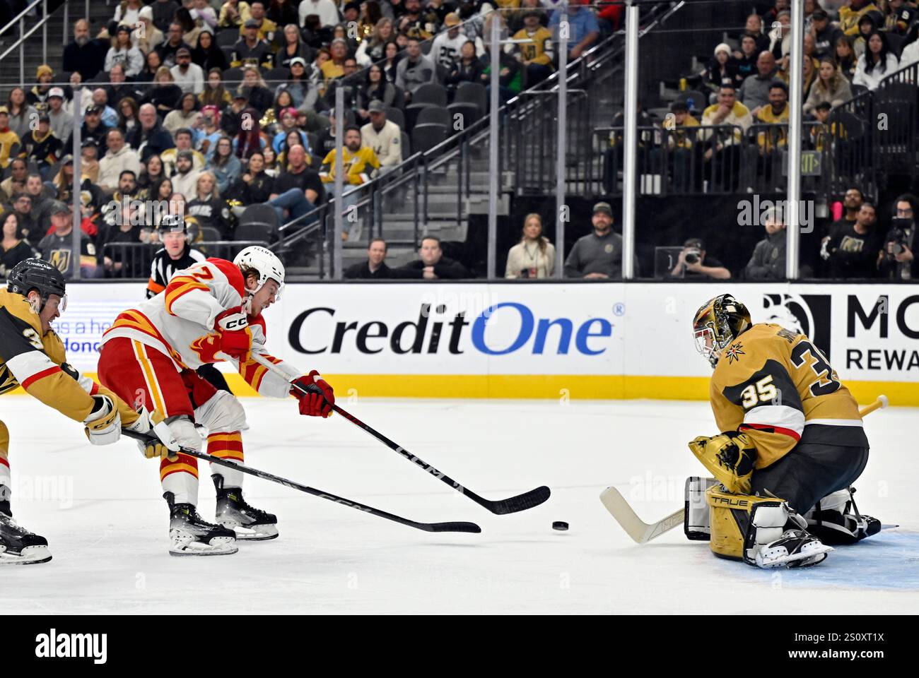 Calgary Flames center Connor Zary shoots against Vegas Golden Knights ...
