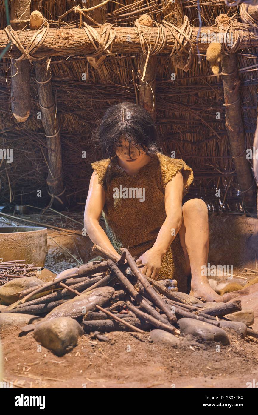 A woman busy building a fire for cooking, heat. At a typical thatch ...