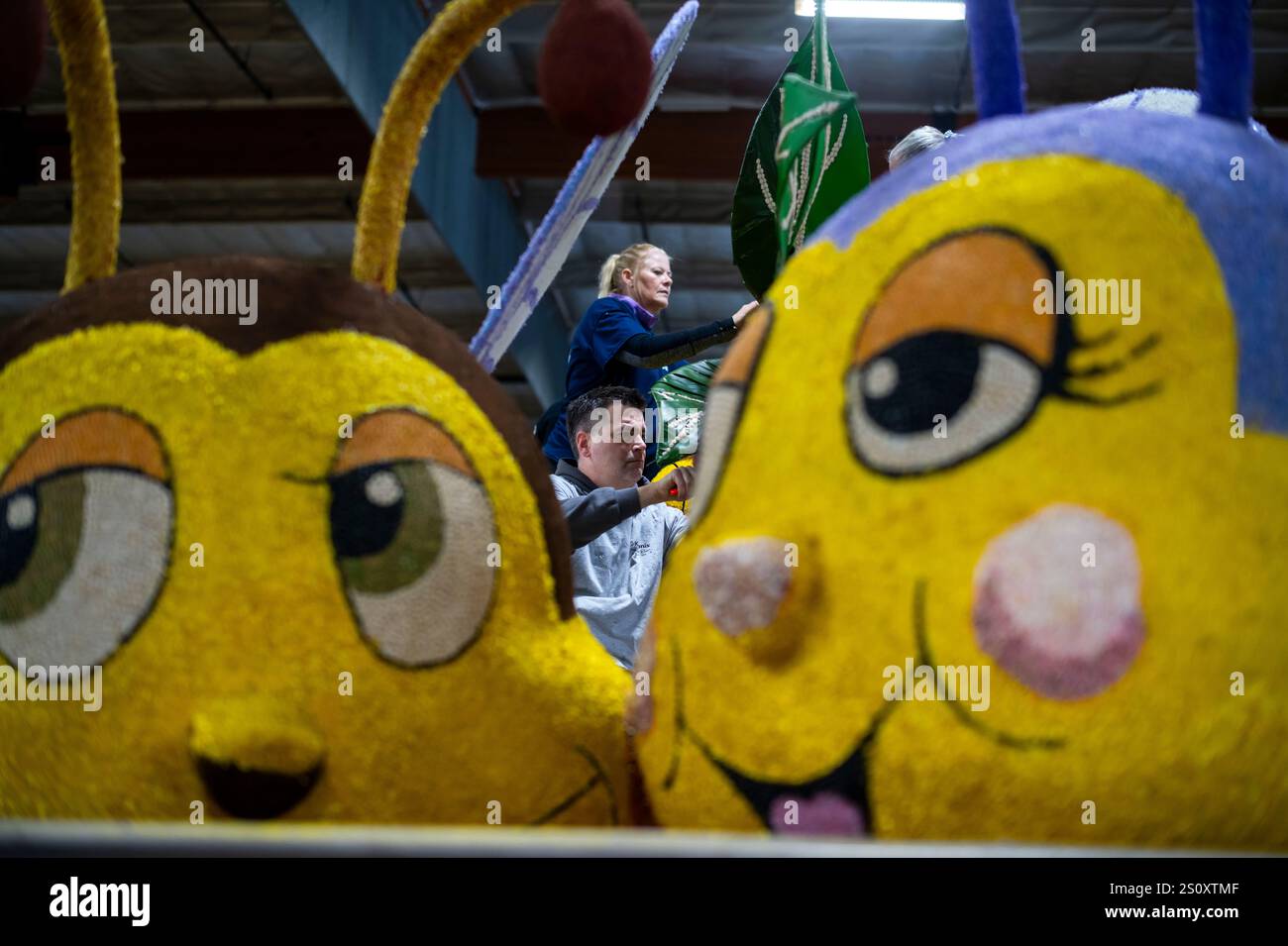 Los Angeles, United States. 29th Dec, 2024. Volunteers work on a float ...