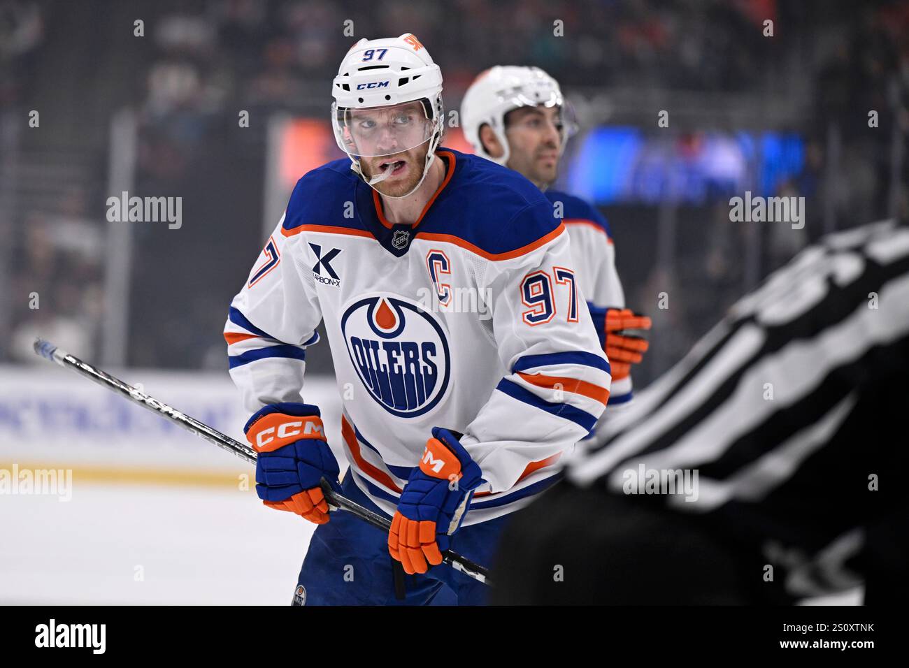 Edmonton Oilers center Connor McDavid (97) prepares for a face-off ...