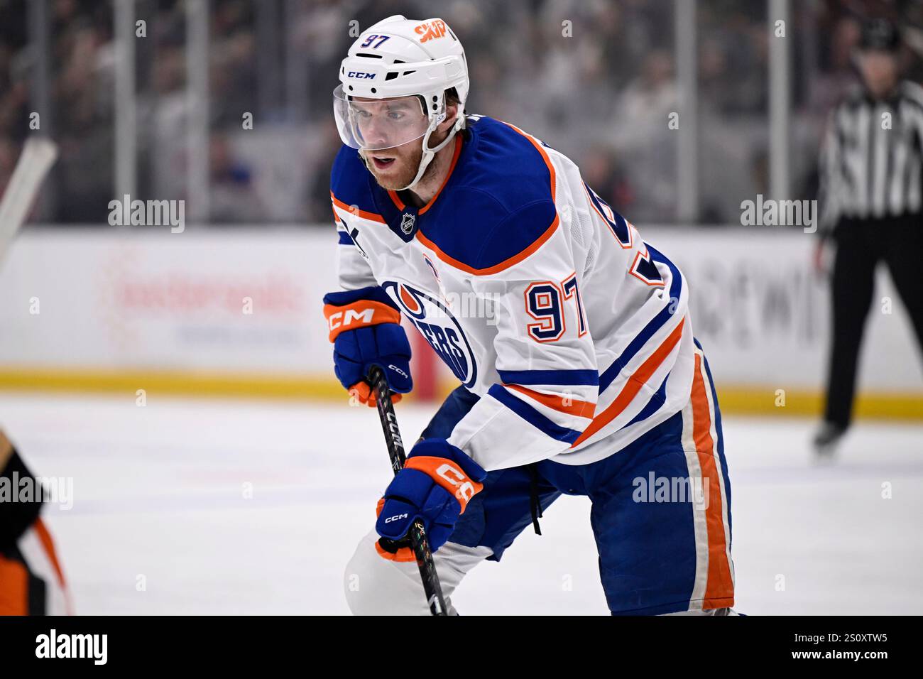 Edmonton Oilers center Connor McDavid (97) prepares for a face-off ...