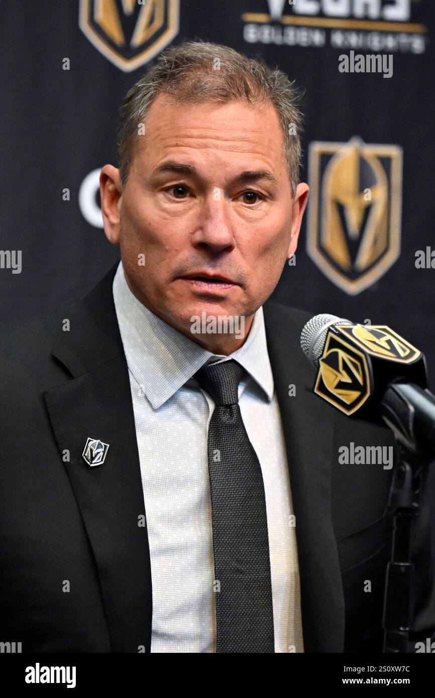 Vegas Golden Knights coach Bruce Cassidy speaks at a news conference ...