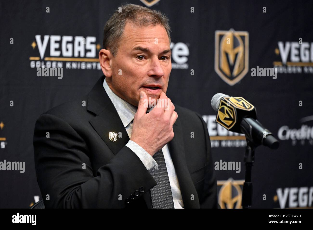 Vegas Golden Knights coach Bruce Cassidy speaks at a news conference ...