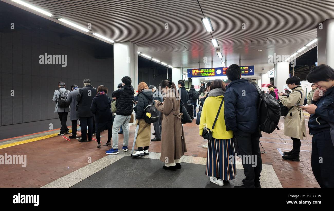 December 18, 2024 Night view of the Kagoshima Main Line platform inside ...