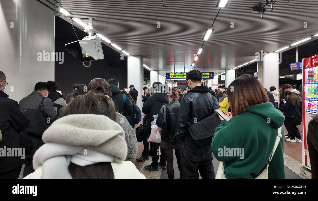 December 18, 2024 Night view of the Kagoshima Main Line platform inside ...