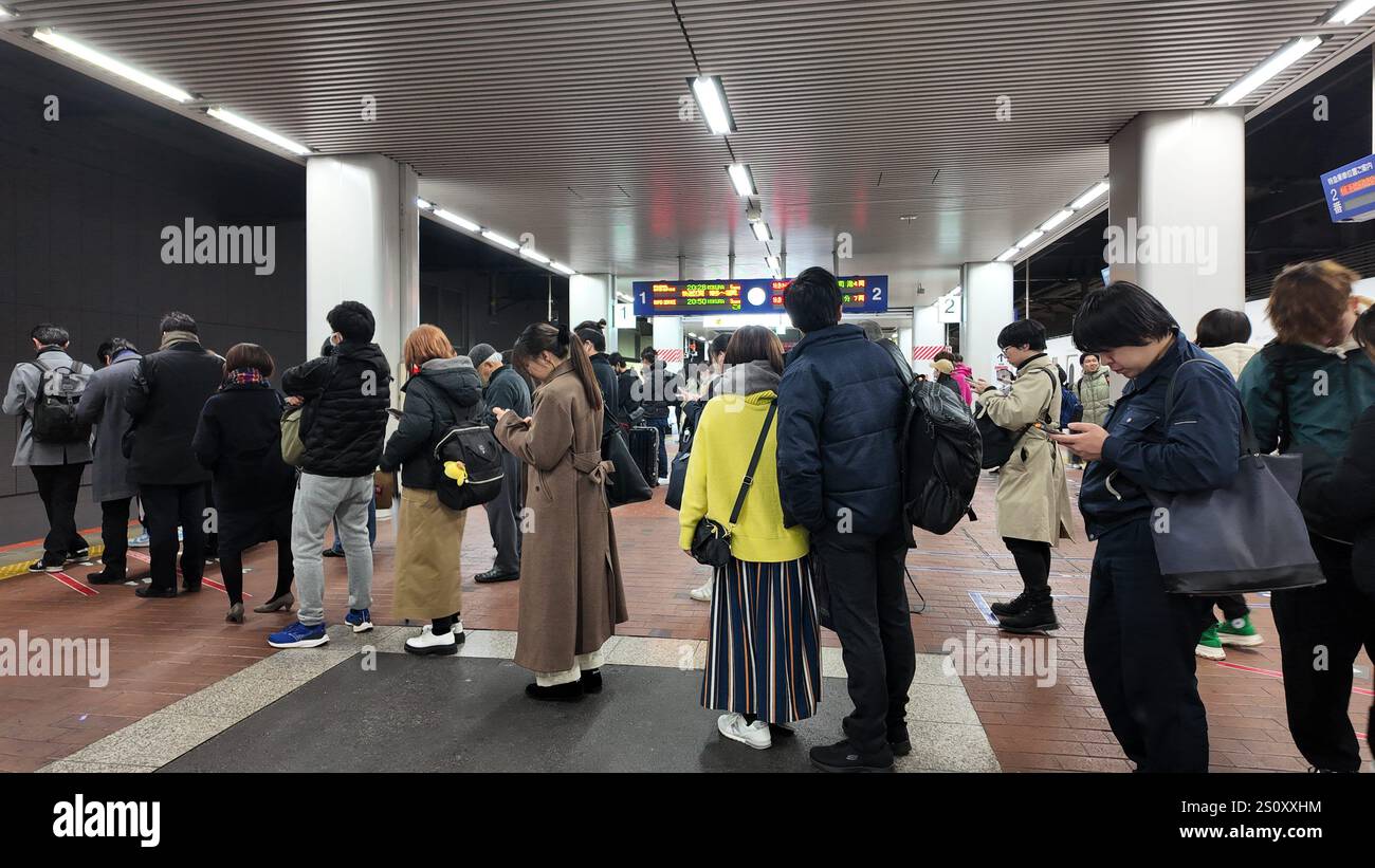 December 18, 2024 Night view of the Kagoshima Main Line platform inside ...