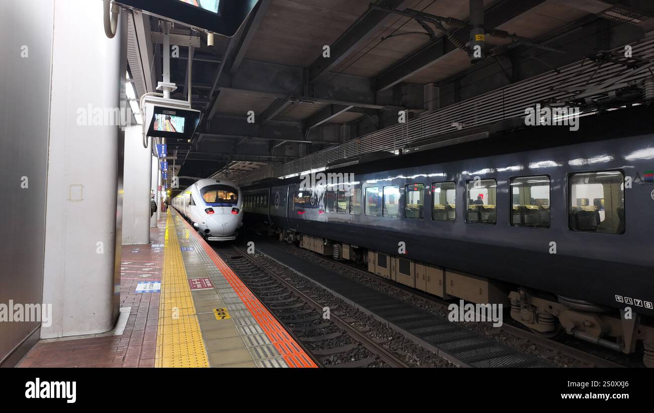 December 18, 2024 Night view of the Kagoshima Main Line platform inside ...