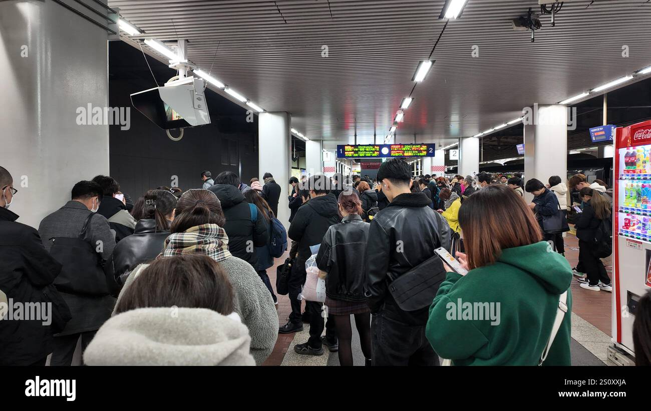 December 18, 2024 Night view of the Kagoshima Main Line platform inside ...