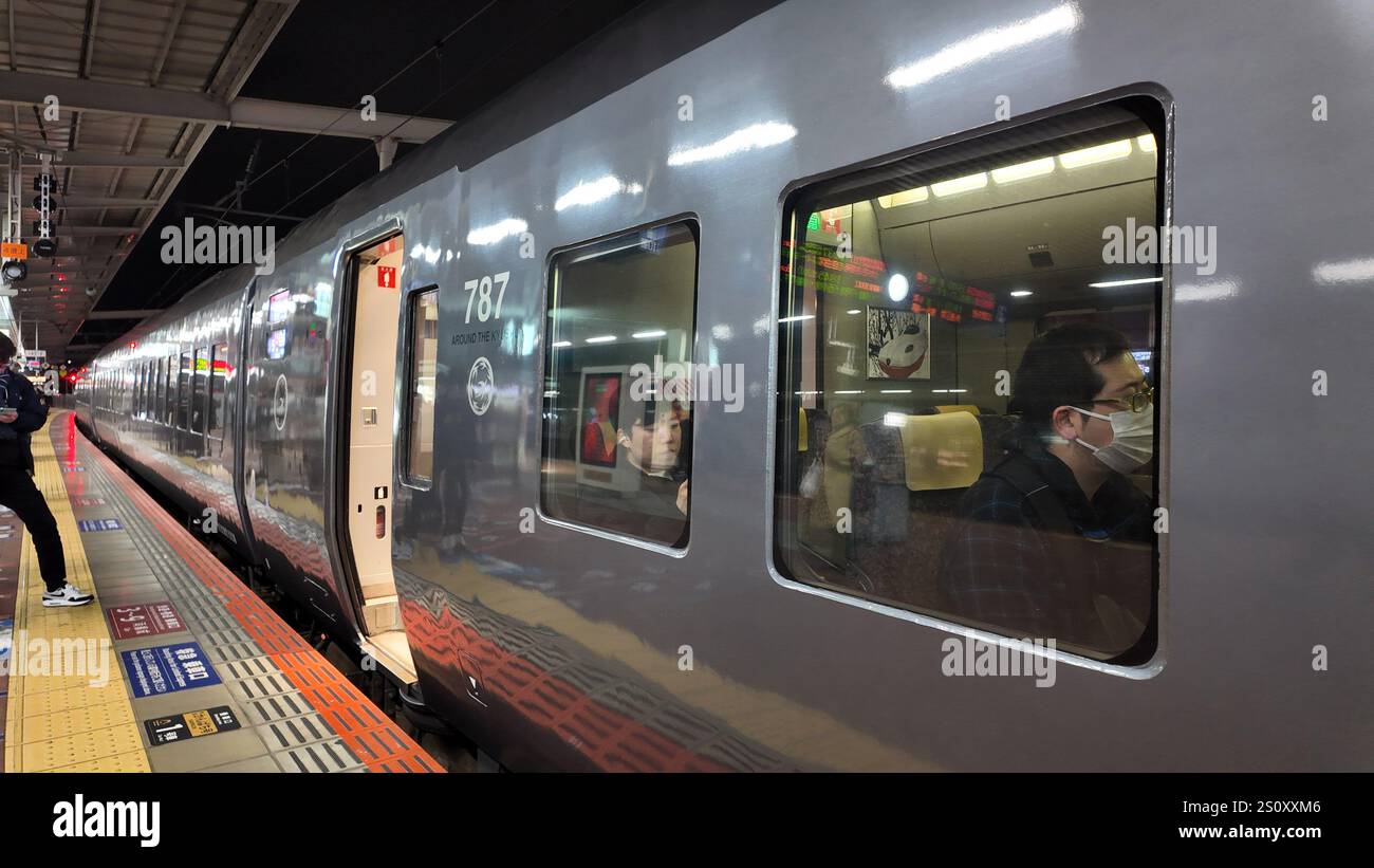 December 18, 2024 Night view of the Kagoshima Main Line platform inside ...
