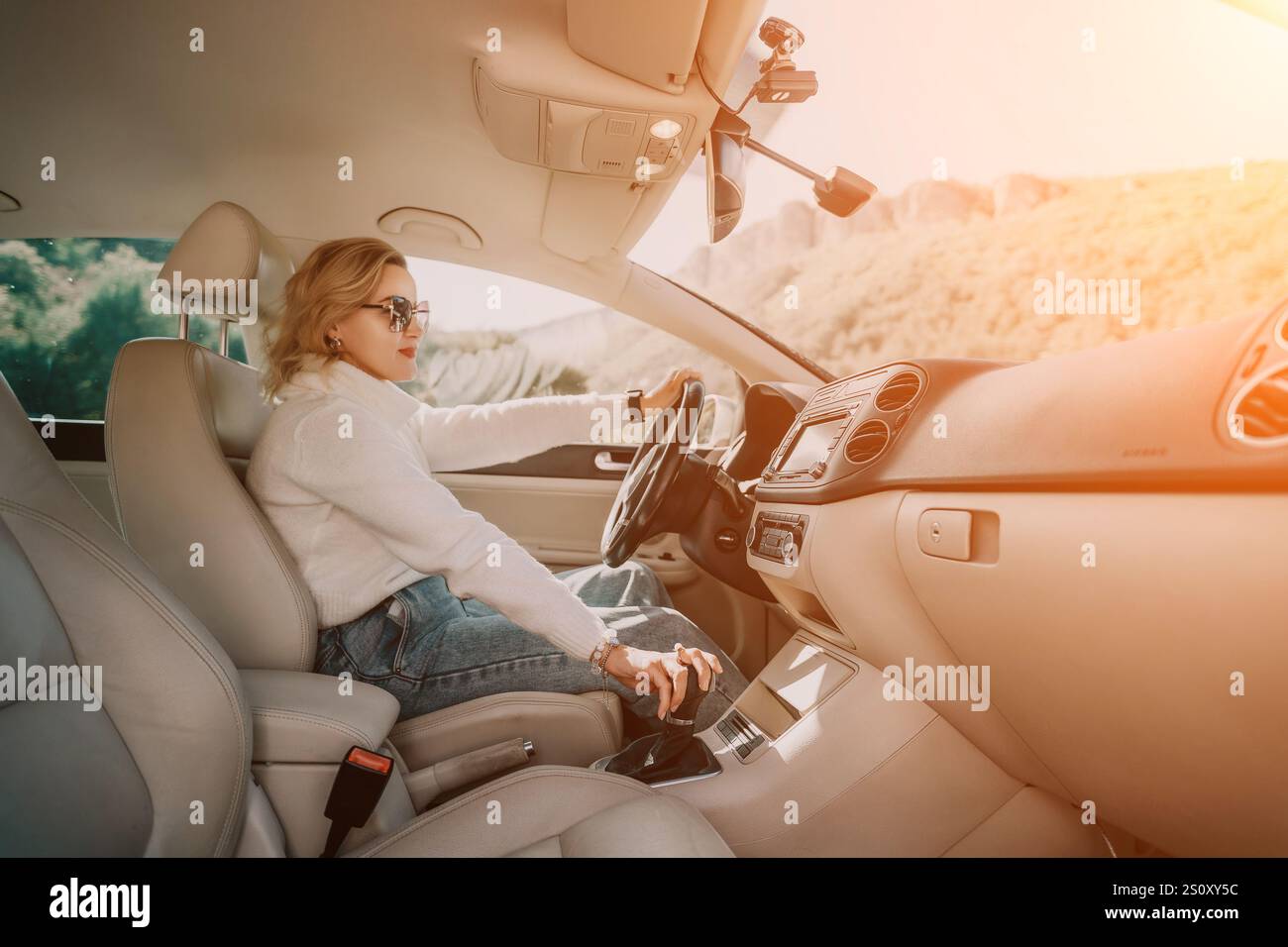 Woman Driving Car Interior Road Trip Stock Photo - Alamy