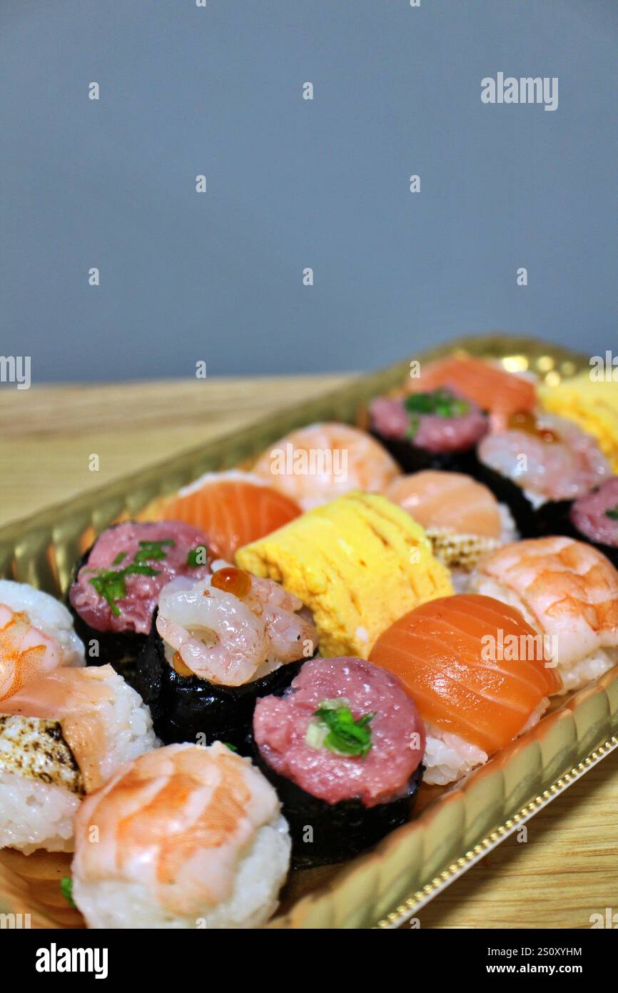 Temari-zushi (ball-shaped sushi) purchased at a supermarket in Tokyo ...