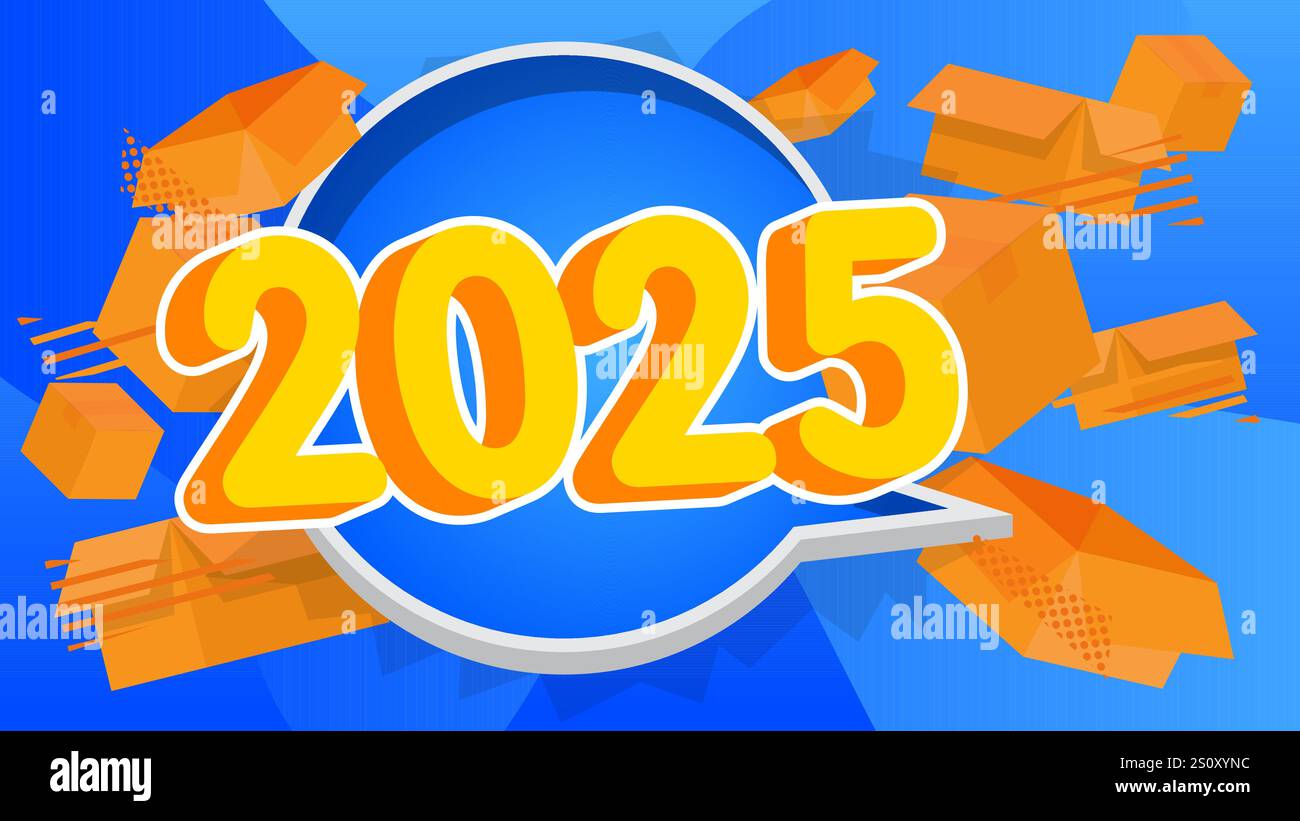 Number 2025 with cardboard box. Vector cartoon folded card box ...