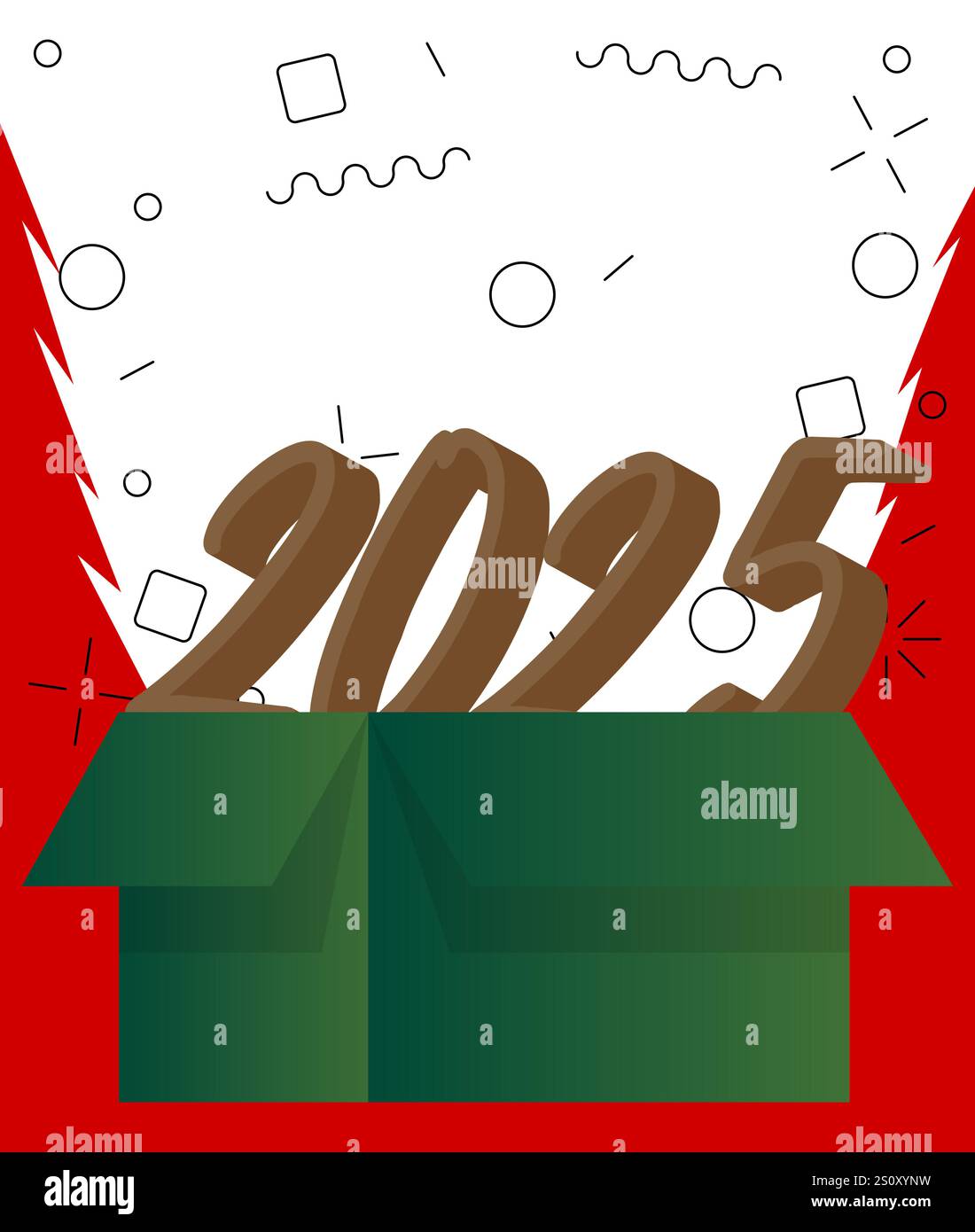 Number 2025 with cardboard box. Vector cartoon folded card box ...