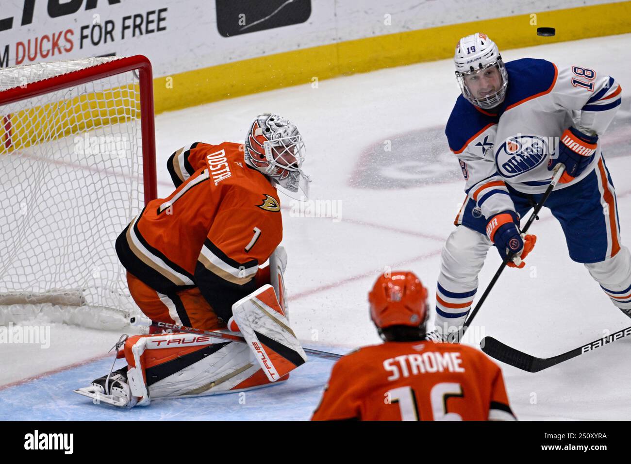 Anaheim Ducks goaltender Lukas Dostal (1) blocks a shot by Edmonton ...
