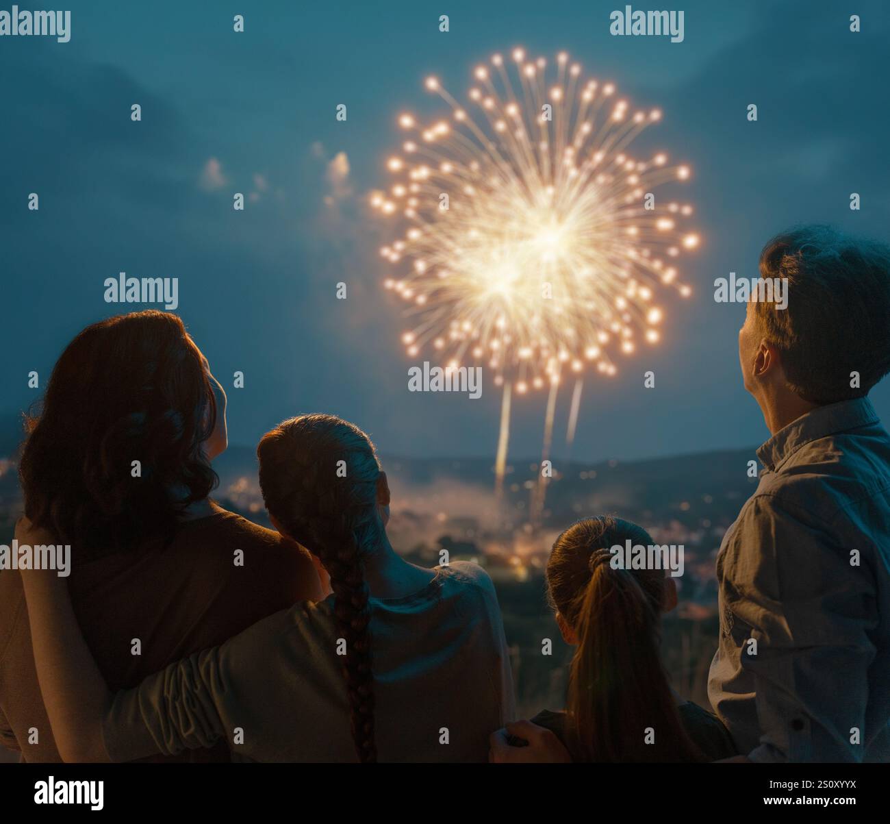 Happy loving family watching fireworks Stock Photo - Alamy