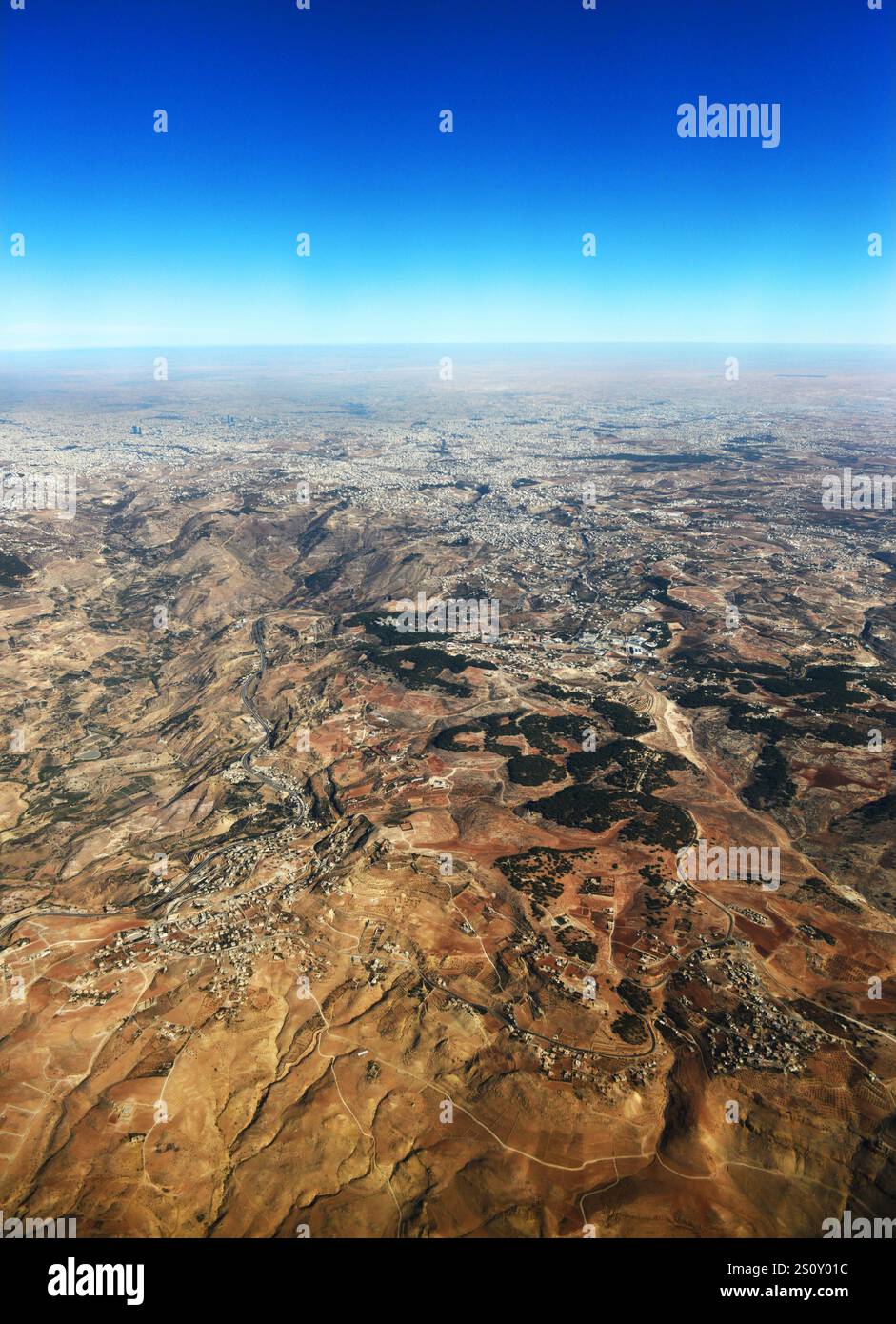 Aerial view of the Jordanian highlands with a view of the capital Amman ...