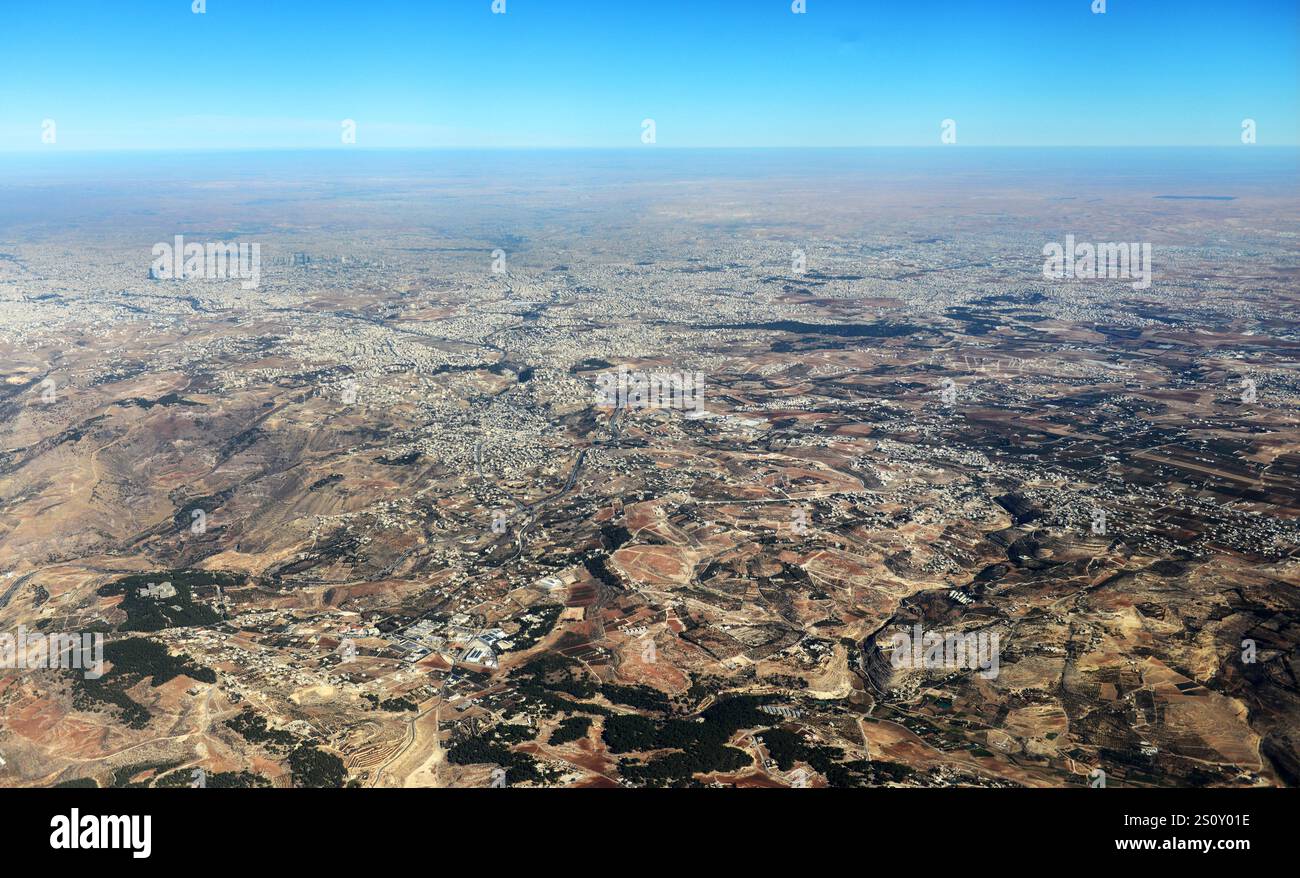 Aerial view of the Jordanian highlands with a view of the capital Amman ...