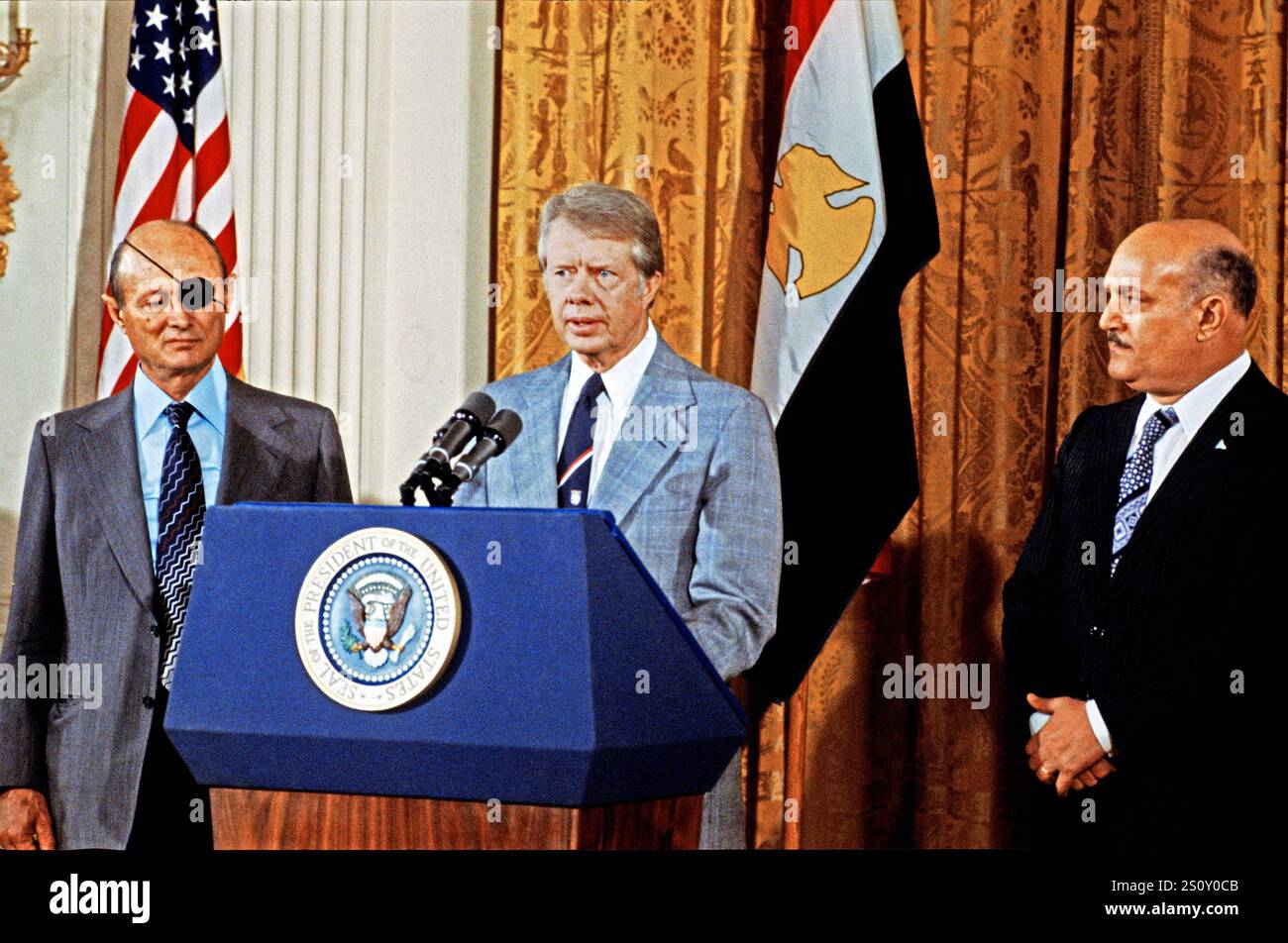 United States President Jimmy Carter, right, announces peace talks ...