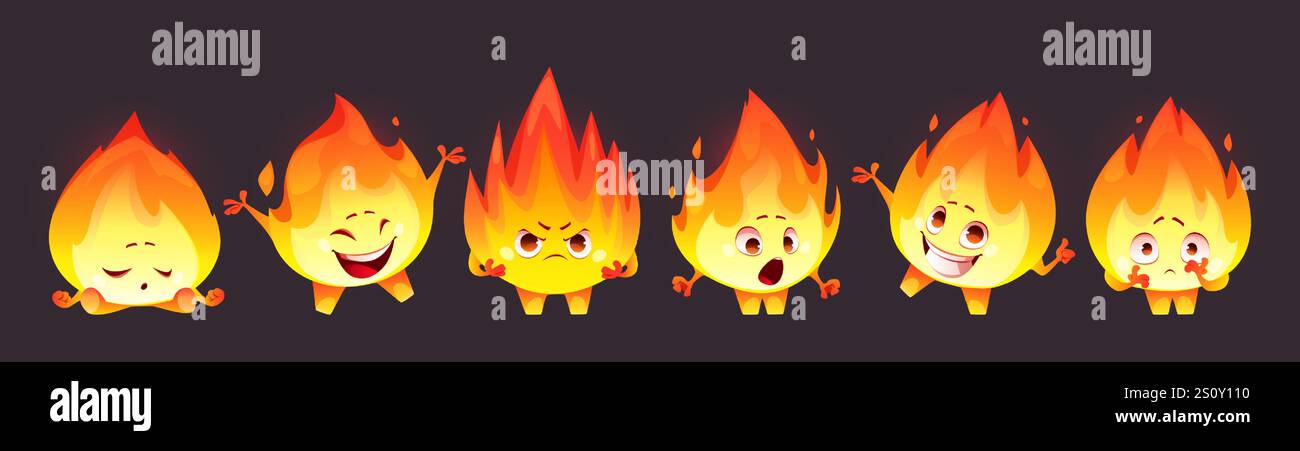 Cartoon flame mascot showing various emotions - yellow fiery character ...