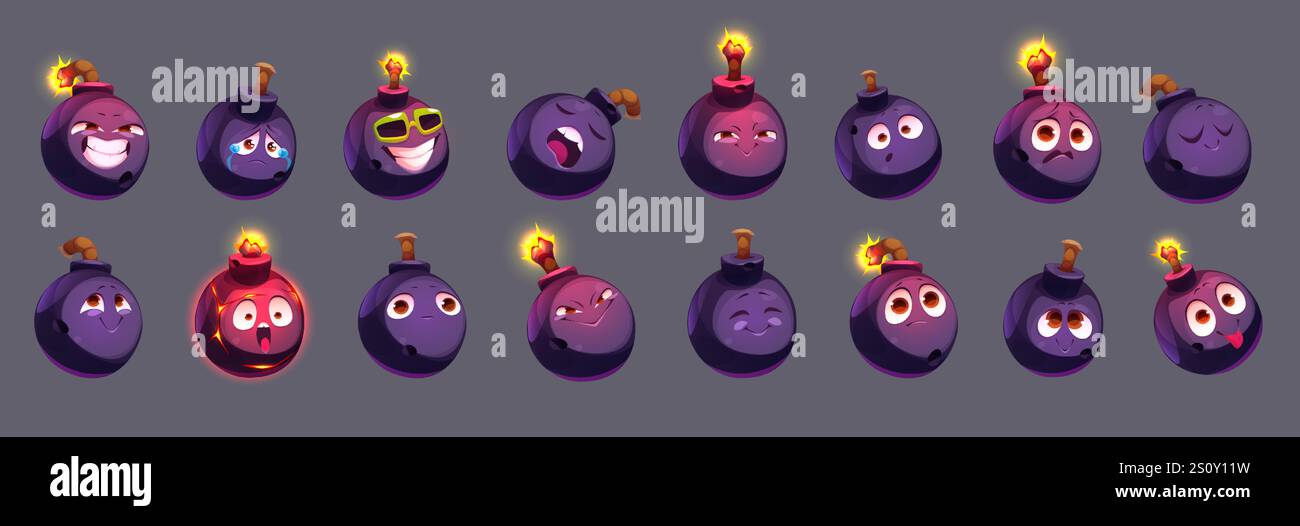 Bomb mascot character with diverse facial expressions - dark round ...