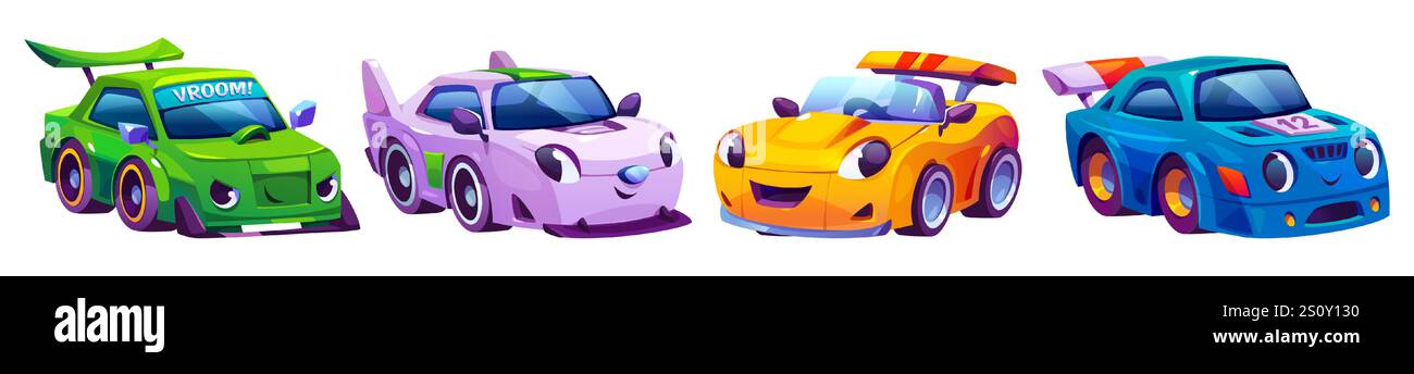 Race car characters set isolated on white background. Vector cartoon ...