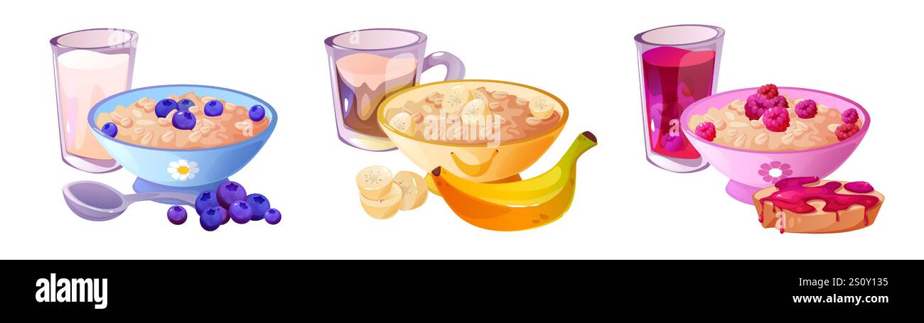 Cereal breakfasts set isolated on white background. Vector cartoon ...