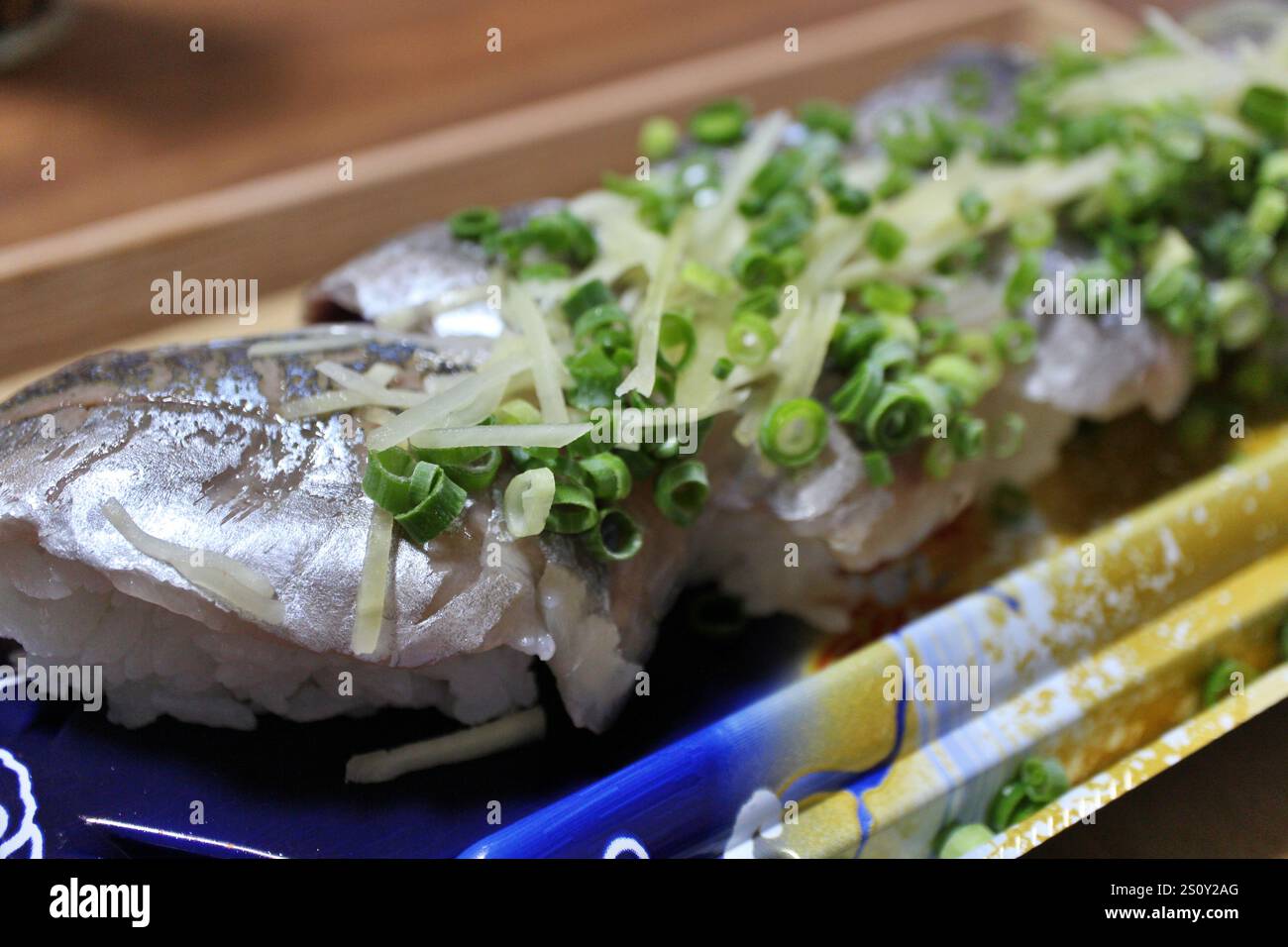 Aji (Japanese jack mackerel) nigirizushi purchased at a supermarket in ...