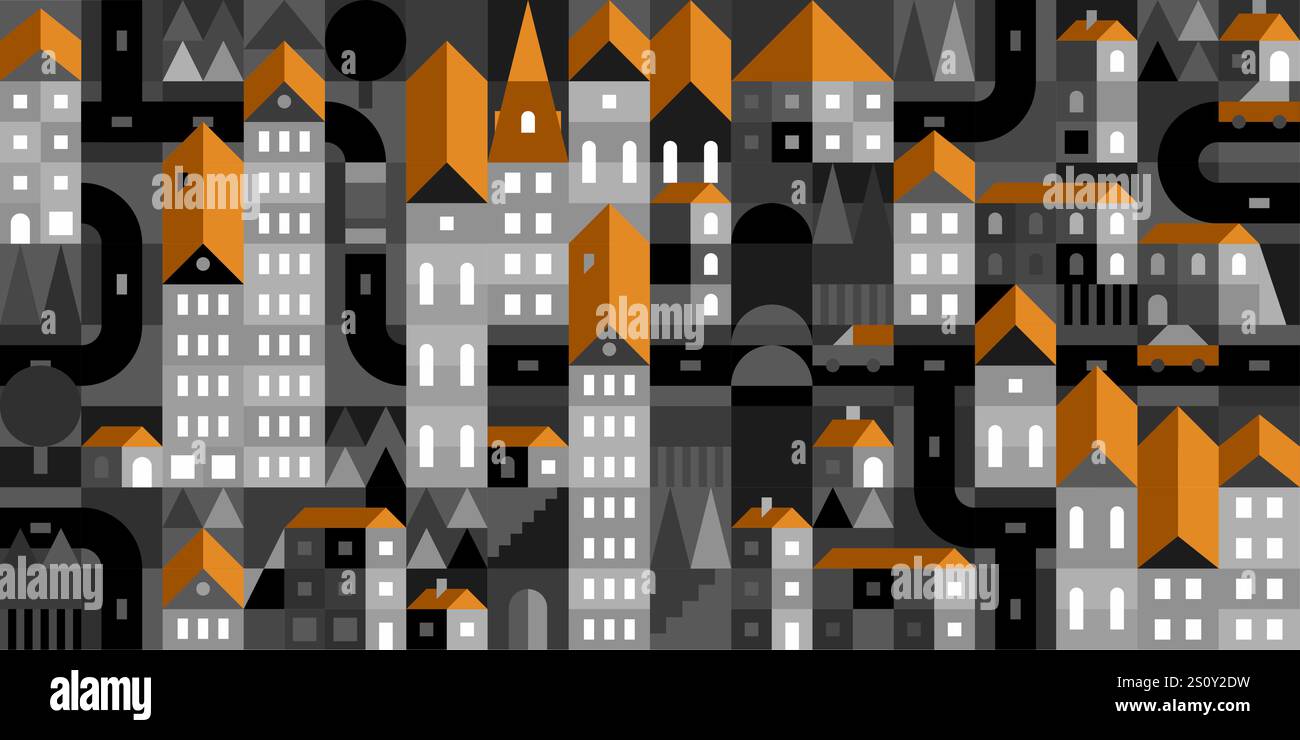 Dark Abstract Seamless Vector Bauhaus Geometric City Pattern Design ...