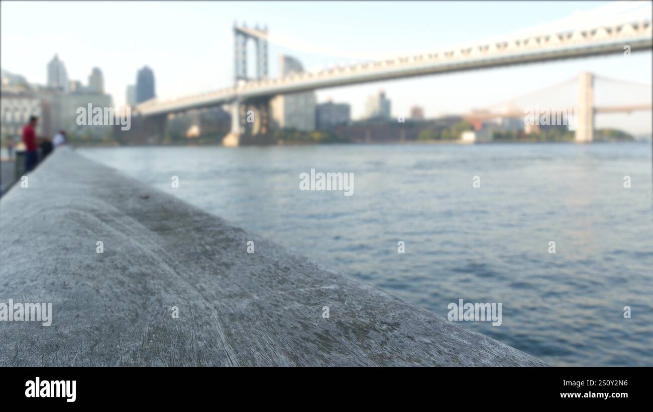 New York City Manhattan Bridge to Dumbo, Brooklyn Bridge. Defocused ...