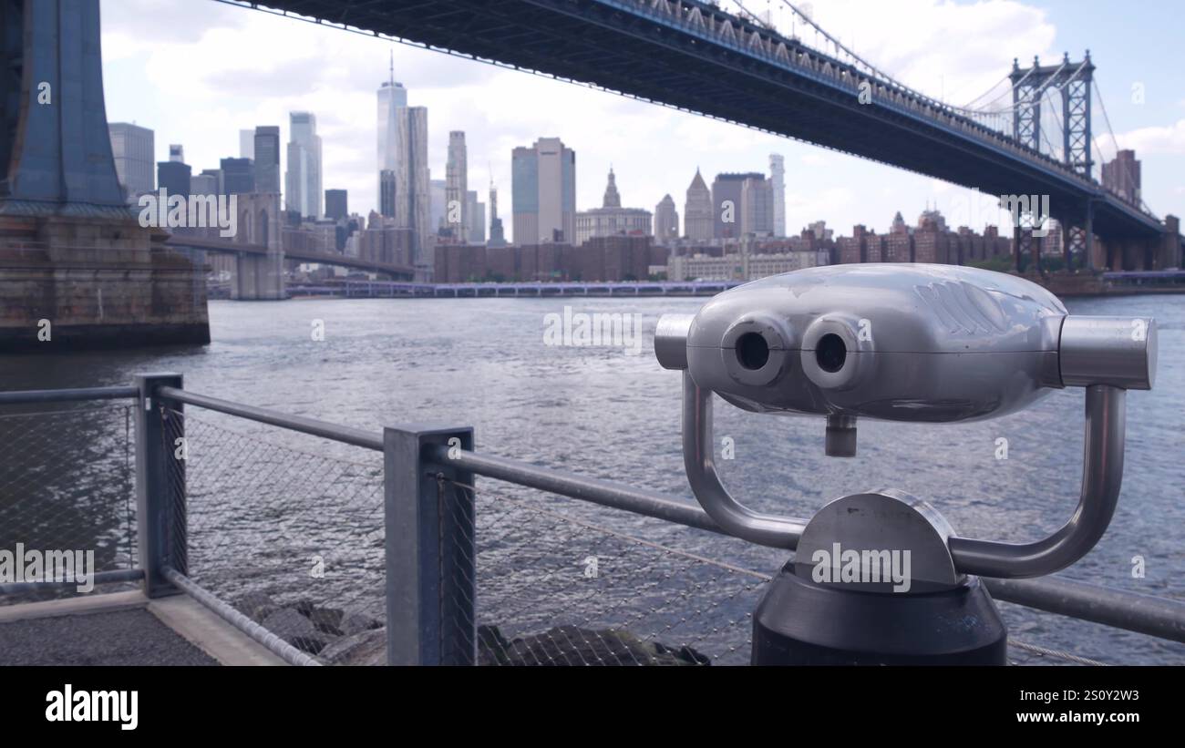 New York City Manhattan Bridge lookout, tower viewer binoculars ...