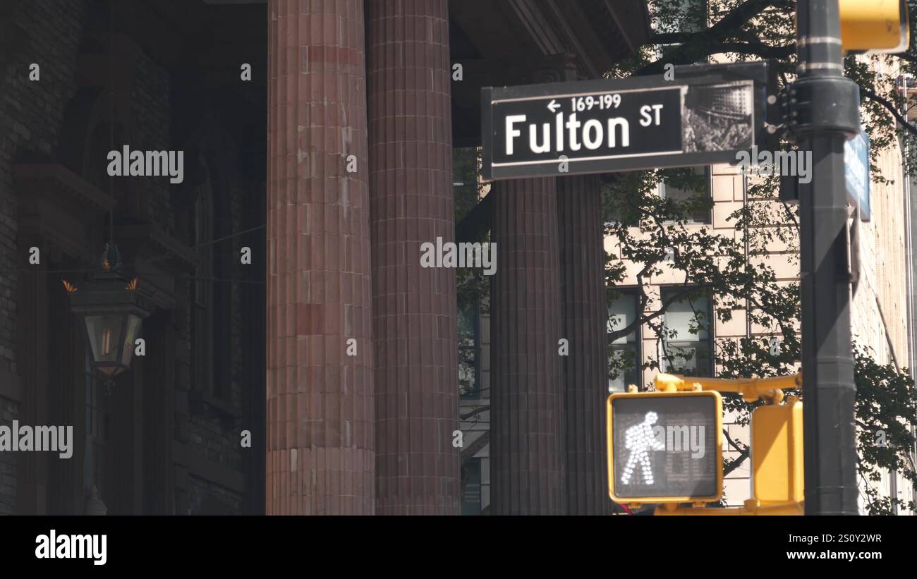 New York City crossroad, Fulton street intersection road sign ...