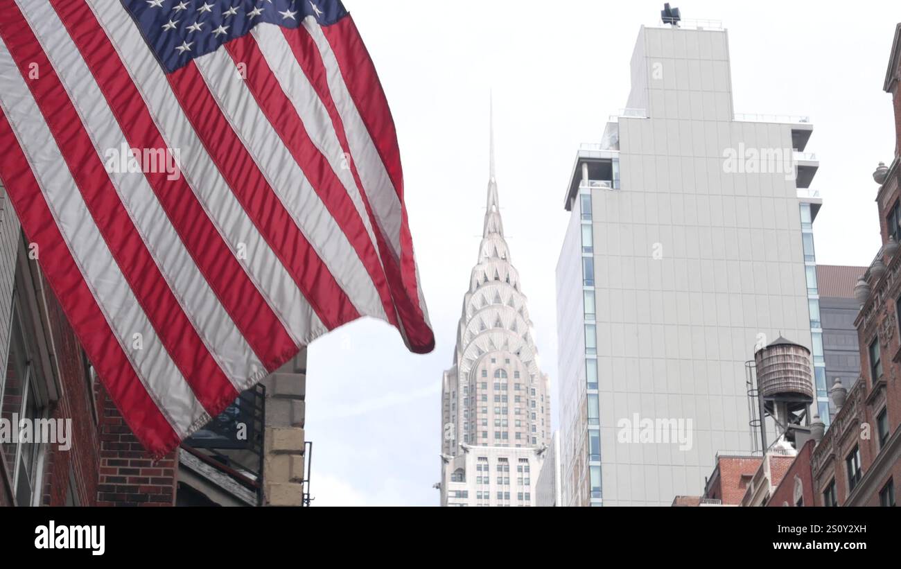 New York, american flag. Chrysler building. Manhattan midtown city ...