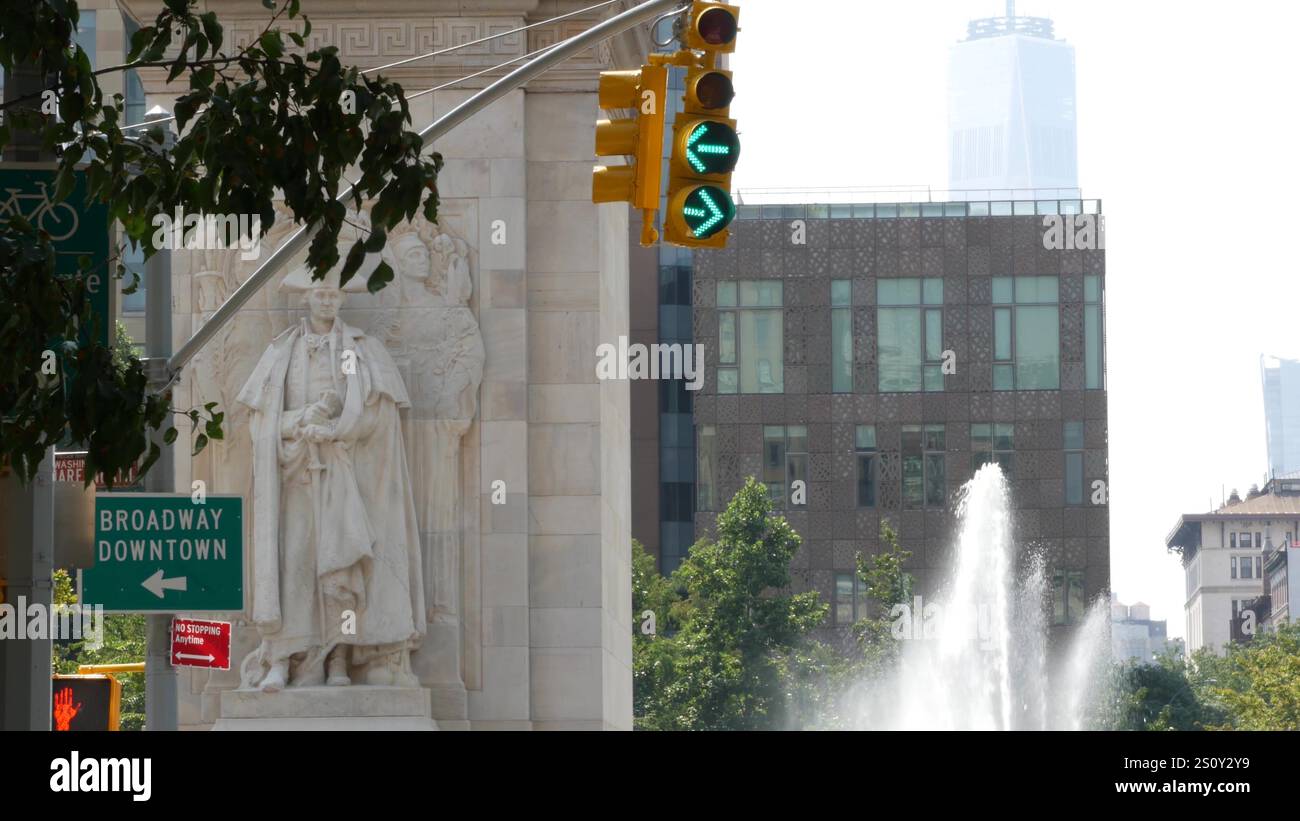 New York City street crossroad, yellow traffic light, transport road ...
