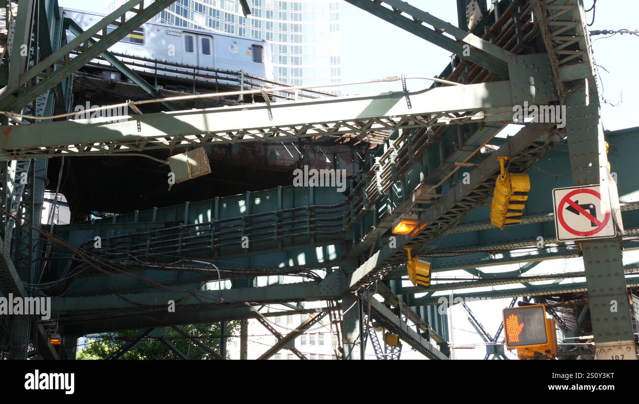 New York elevated subway, metropolitan bridge, metro track above street ...
