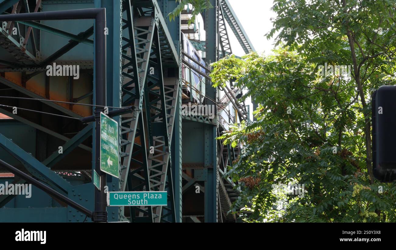 New York elevated subway, metropolitan bridge, metro track above street ...