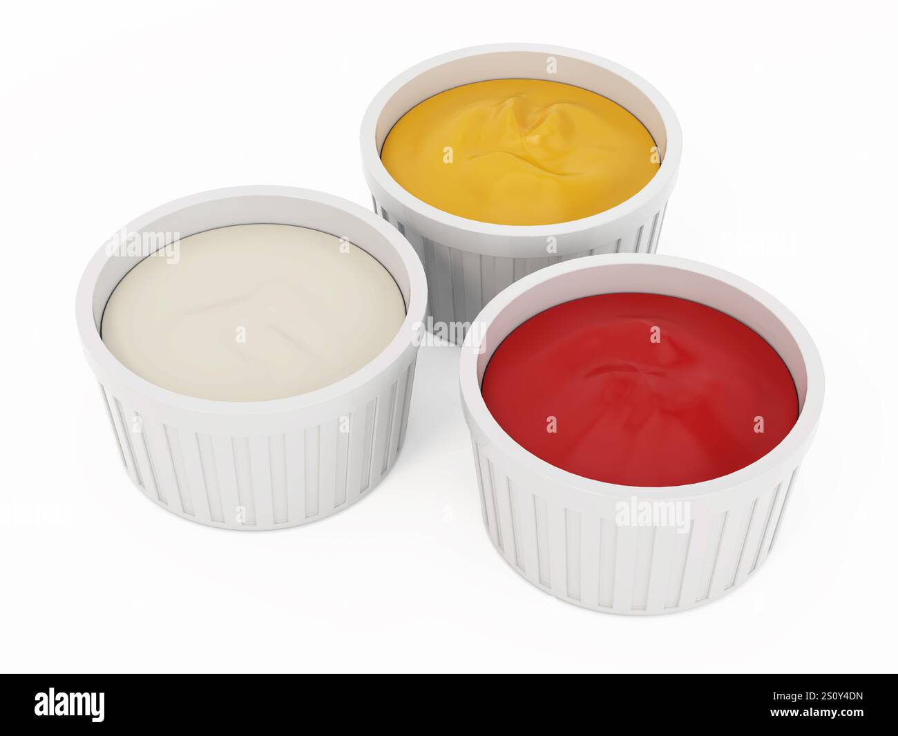 Dipping sauce cups full of ketchup, mayonnaise and mustard isolated on ...