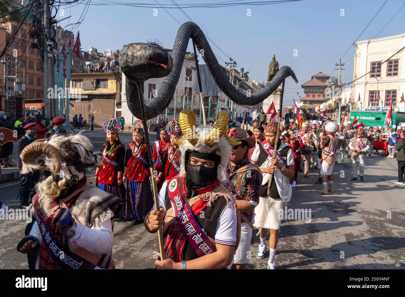 Gurung community people in traditional attire dance at a parade to mark ...